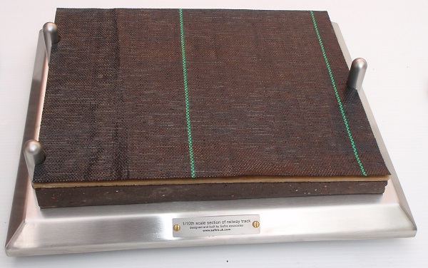 1-10th Scale model section of a railway track line with ground layers ...